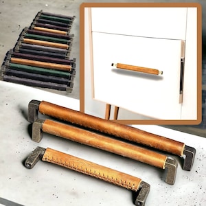 Hand-stitched Crazy Horse Leather Drawer Pulls: Antique Brass Hardware ...