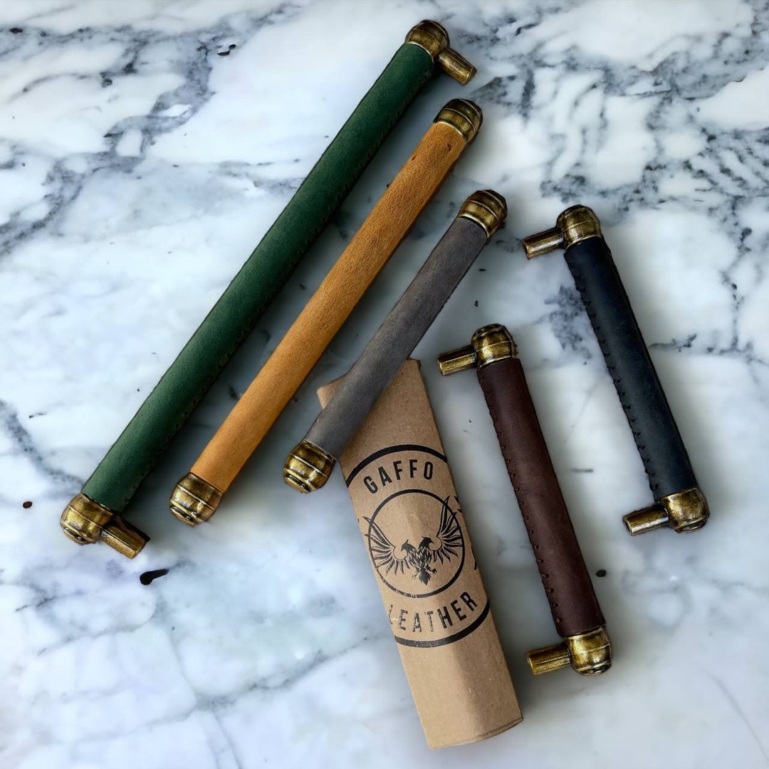 Handcrafted Leather Drawer Handles, Antique Brass Pulls, Premium ...