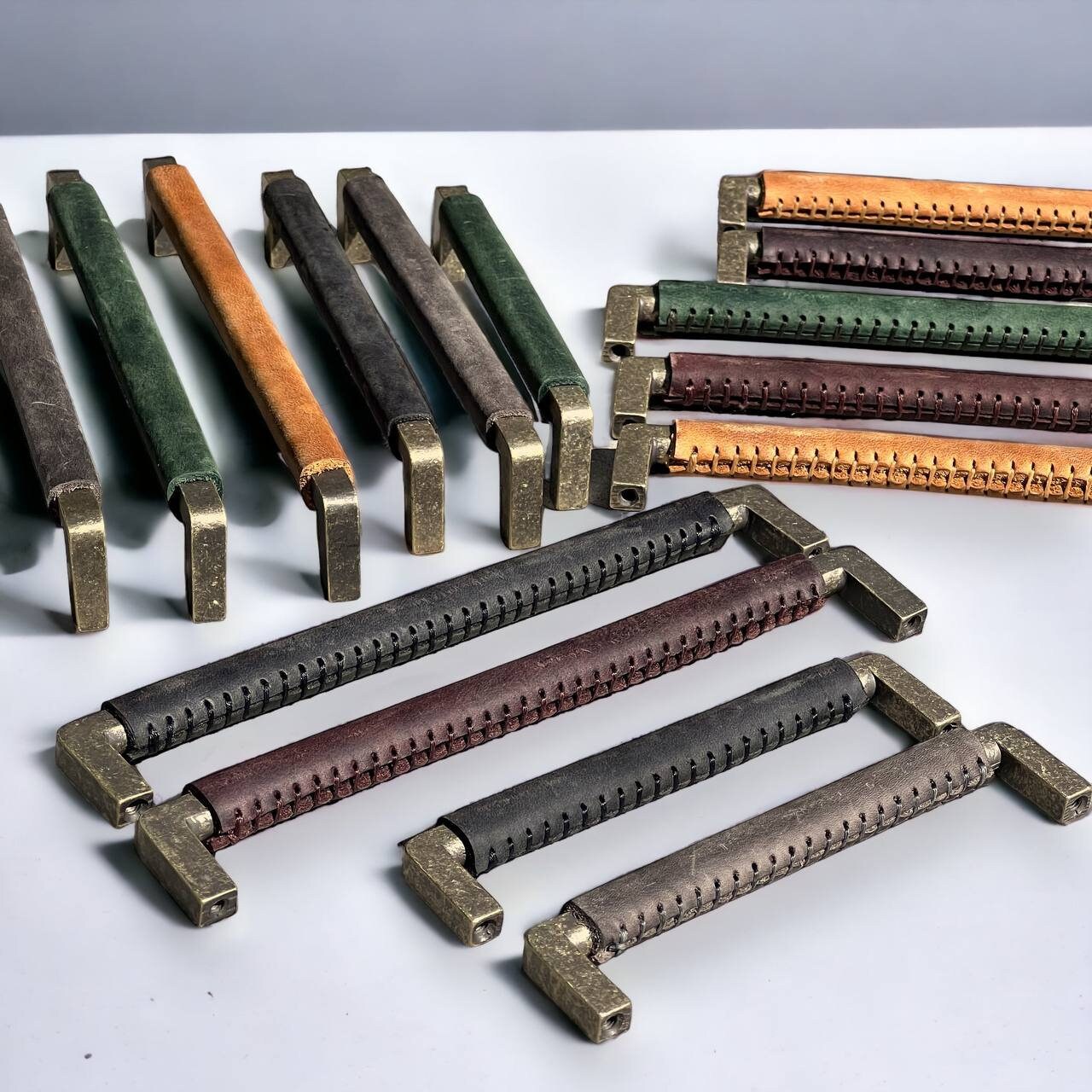 Hand-stitched Crazy Horse Leather Drawer Pulls, Antique Brass Pulls ...