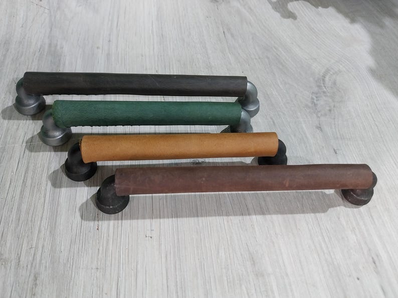 Black Metal, Hand-stitched Leather Drawer Pull, Cabinet Pulls, Drawer Handles, Leather Cabinet ...