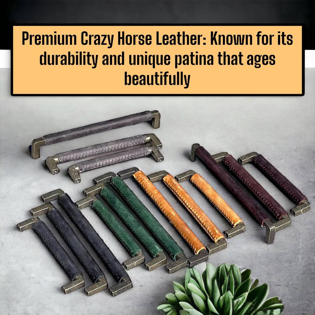 Hand-stitched Crazy Horse Leather Drawer Pulls: Antique Brass Cabinet ...