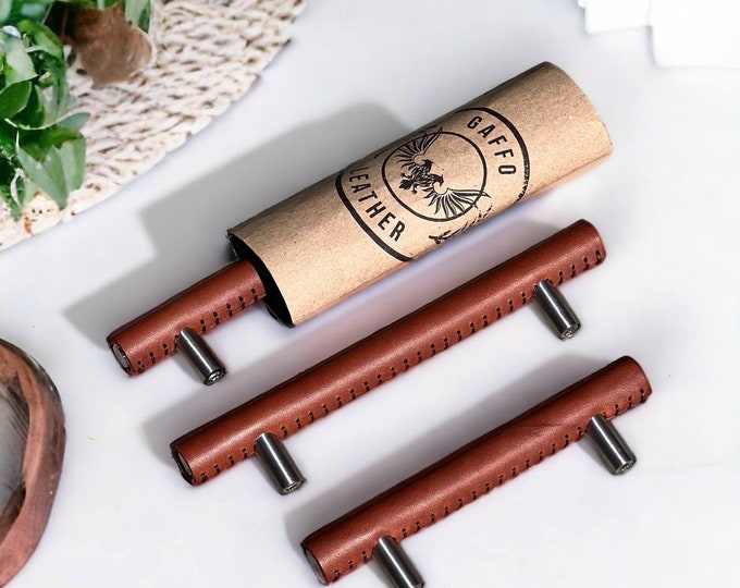 Med Leather Pull Flat End Brass Closet Door Knob Minimal Cabinet ...