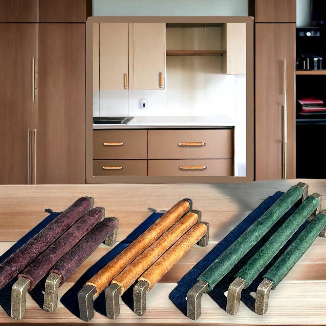 Hand-stitched Crazy Horse Leather Drawer Pulls: Antique Brass Hardware ...