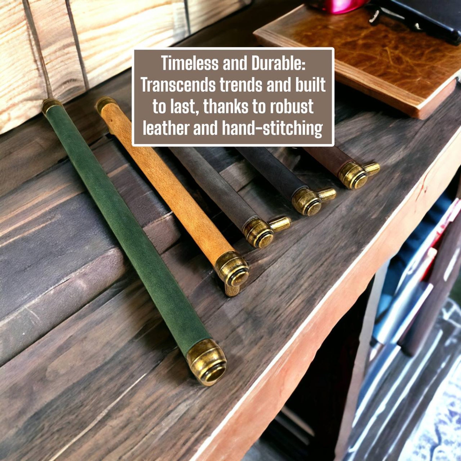 Premium Leather Drawer Handle, Leather Cabinet Pull, Vintage Leather Pull, Antique Brass Leather ...