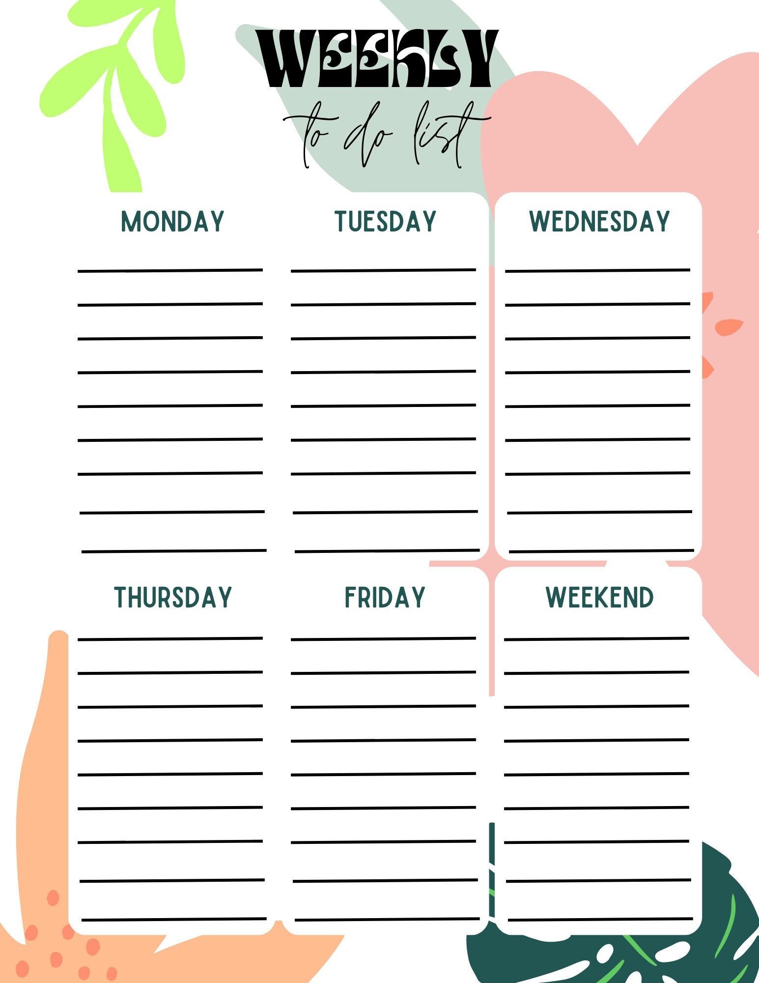 Weekly to Do List Printable, to Do List, Weekly Planner, Daily to Do ...