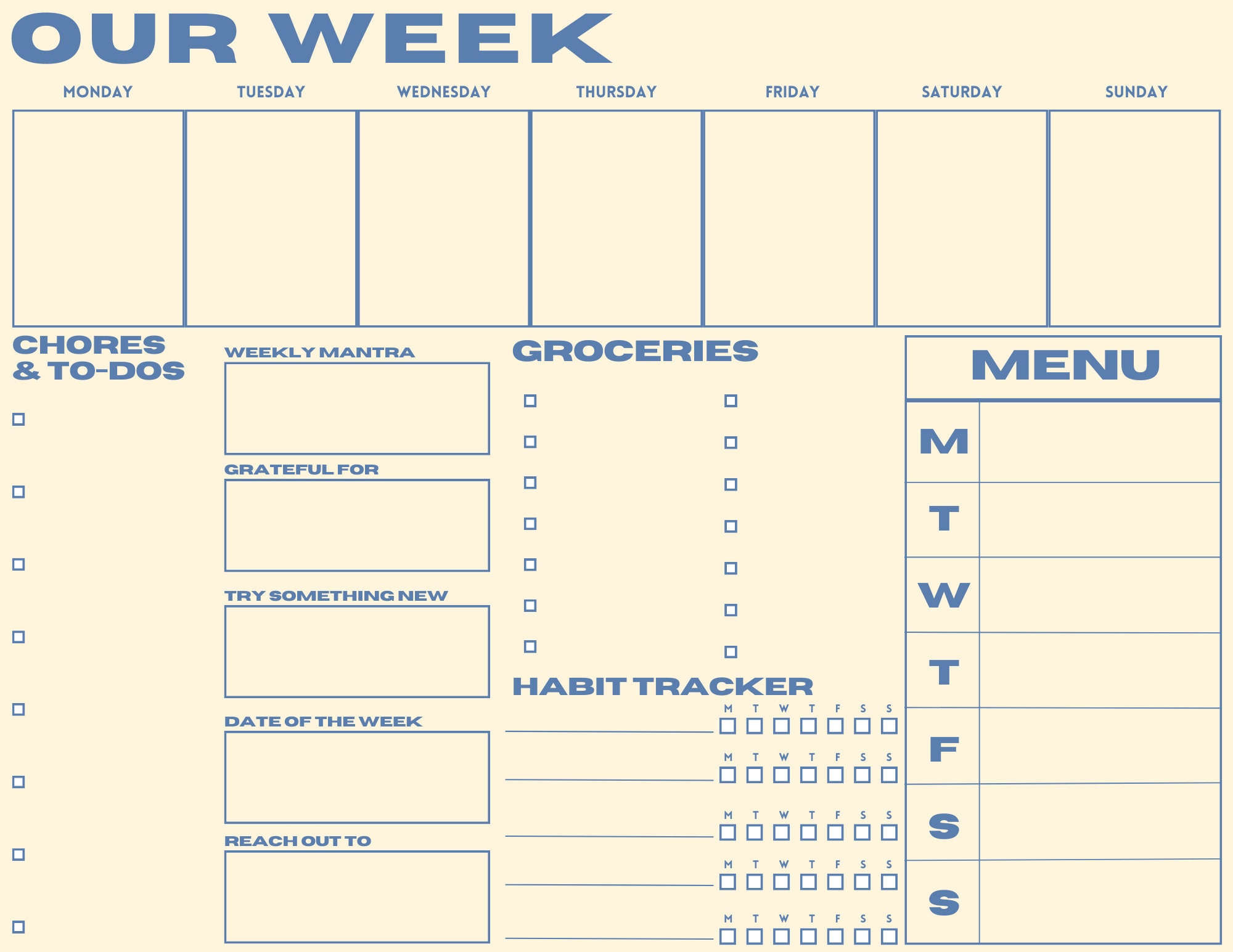 Our Week Calendar in Teal/beige Aesthetic Weekly Calendar Download 11x8 ...