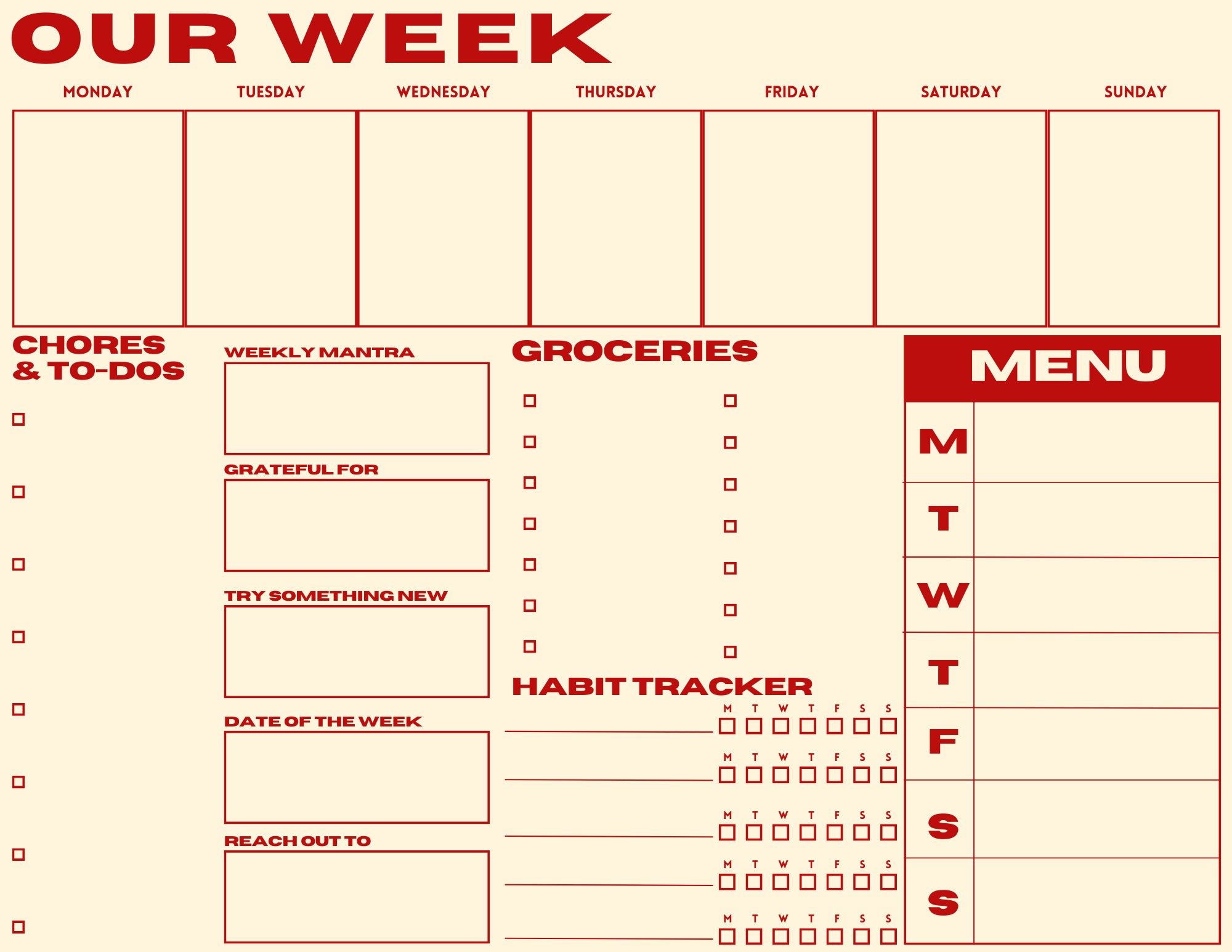 Our Week Calendar in Red/beige - Aesthetic Weekly Calendar Download ...