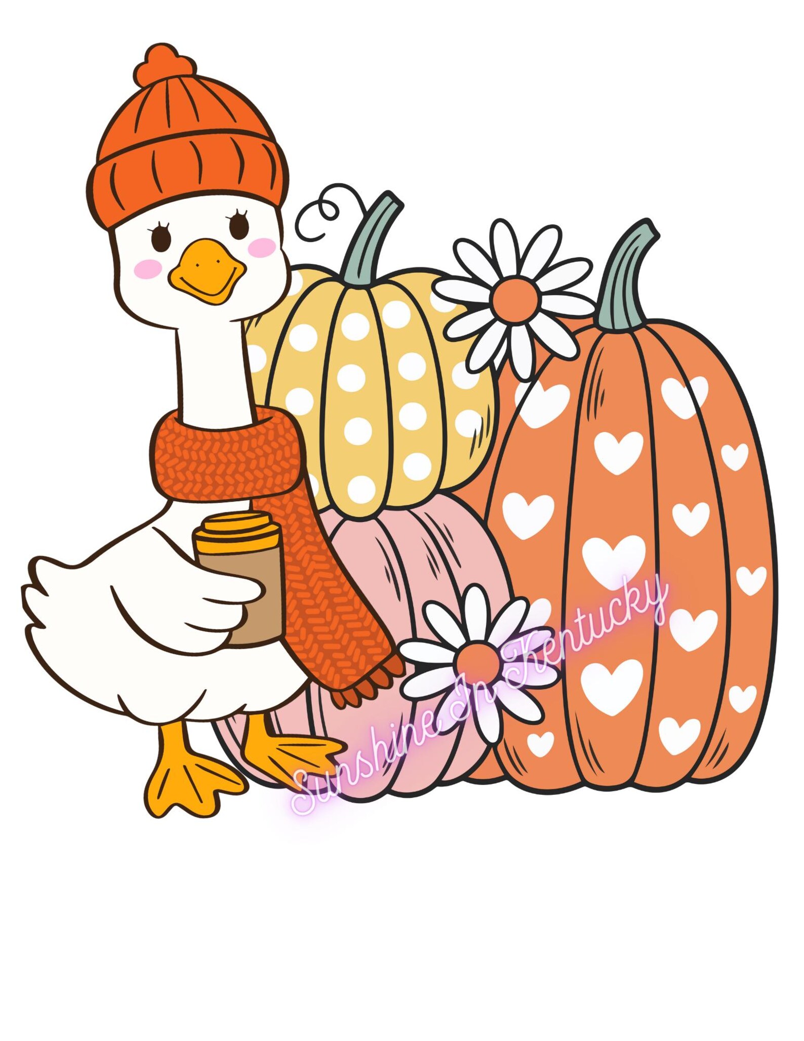 Super Cute Fall Goose Holding Latte With Pumpkins & Daisies PNG ...