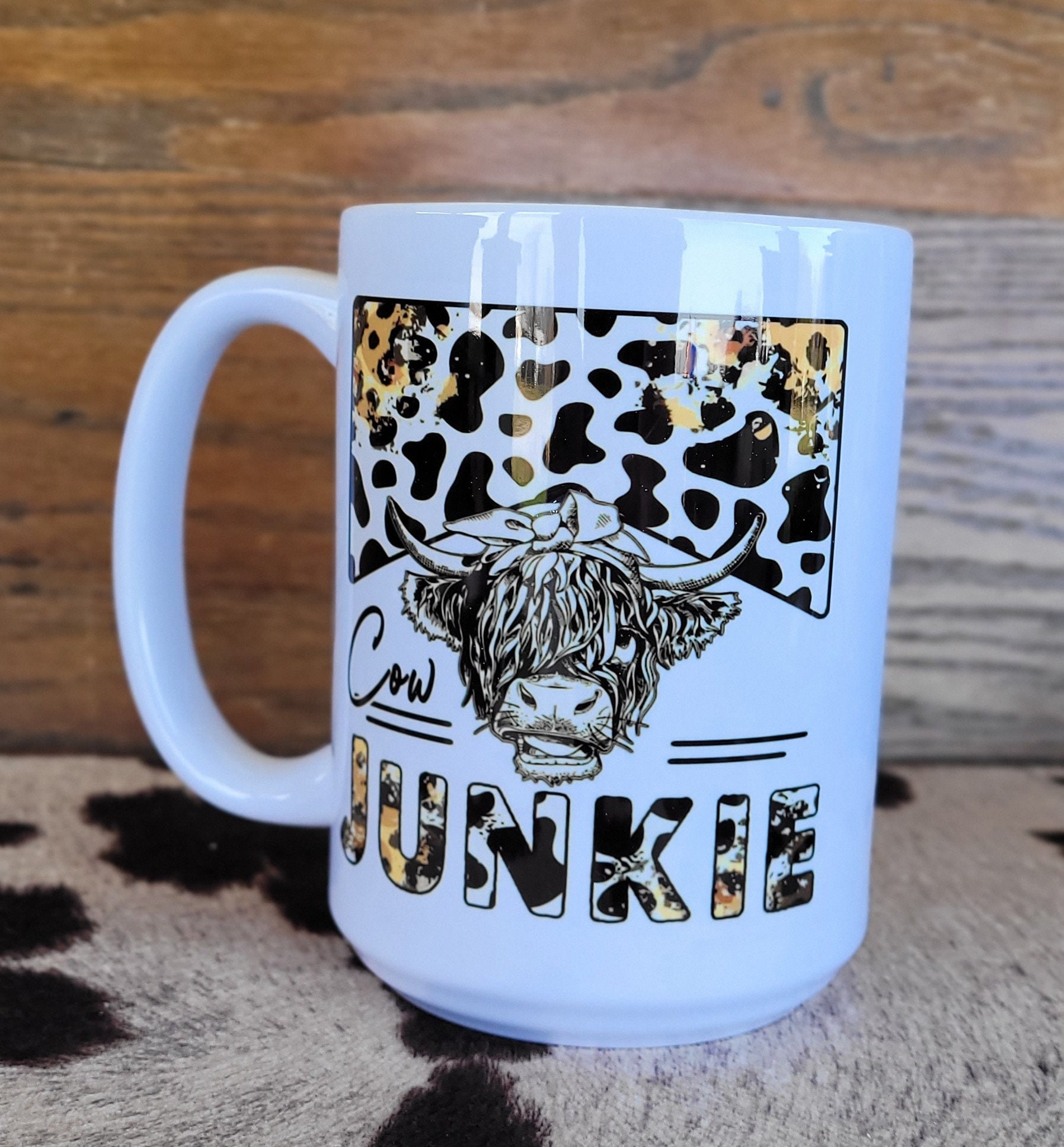 15 Oz Large Cow Junkie Coffee Mug Cup-cowhide-cow Print Great Gift Idea ...