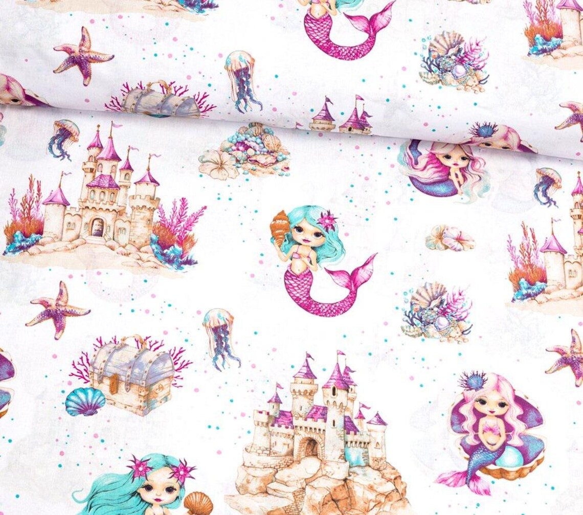 Pink Mermaids Cotton Fabric / Cotton Material by the Half Meter, Yard ...
