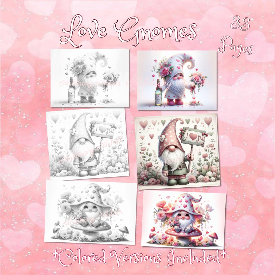 Love Gnomes 33 Grayscale Coloring Pages, Valentines, Love, Colored ...