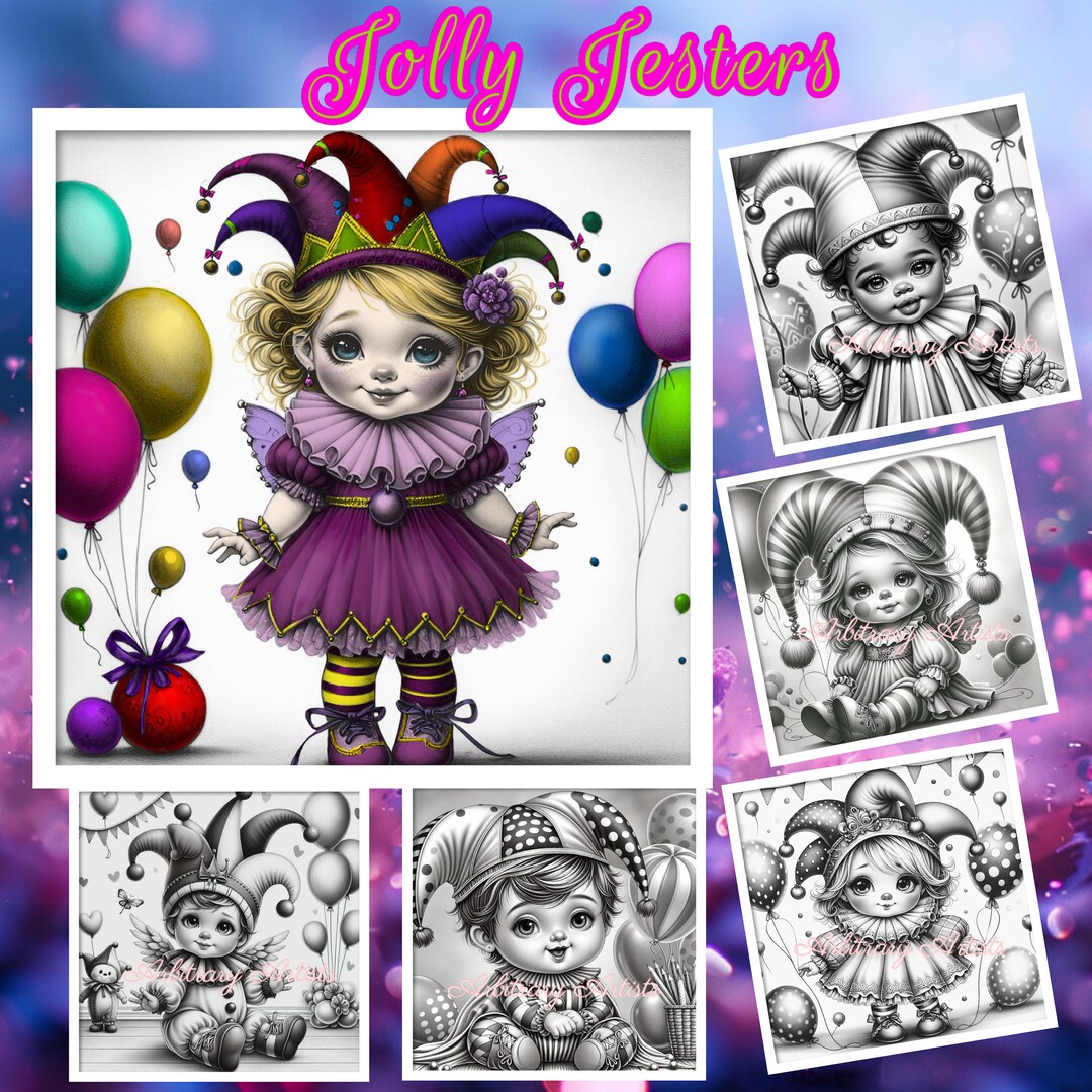 Jolly Jesters 26 Grayscale Coloring Pages - Etsy