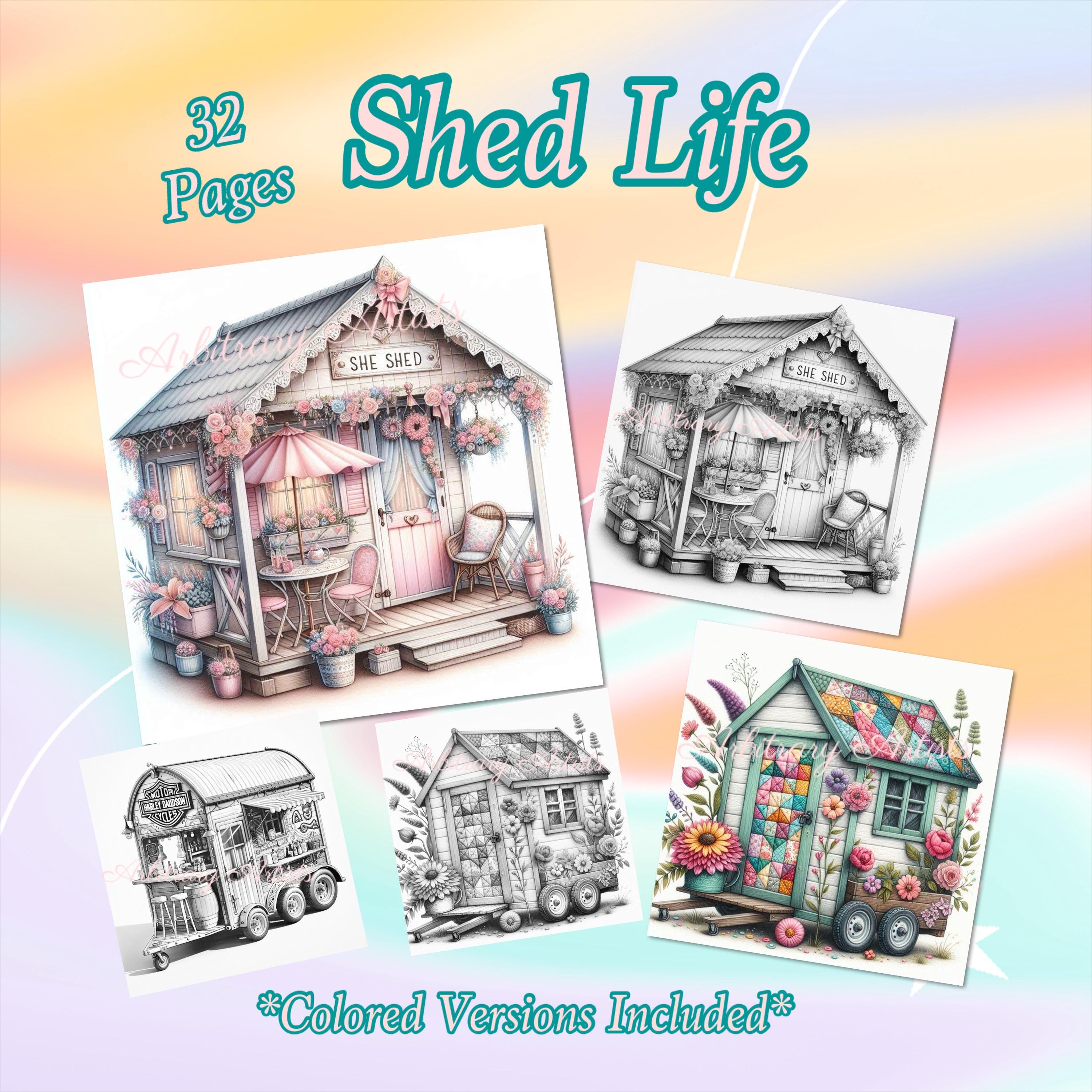Shed Life 32 Grayscale Coloring Pages, Colored Versions, Light & Dark ...