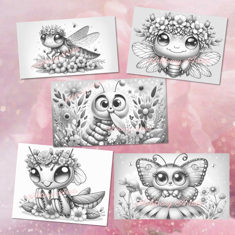 Adorable Bugs 44 Grayscale Coloring Pages - Etsy