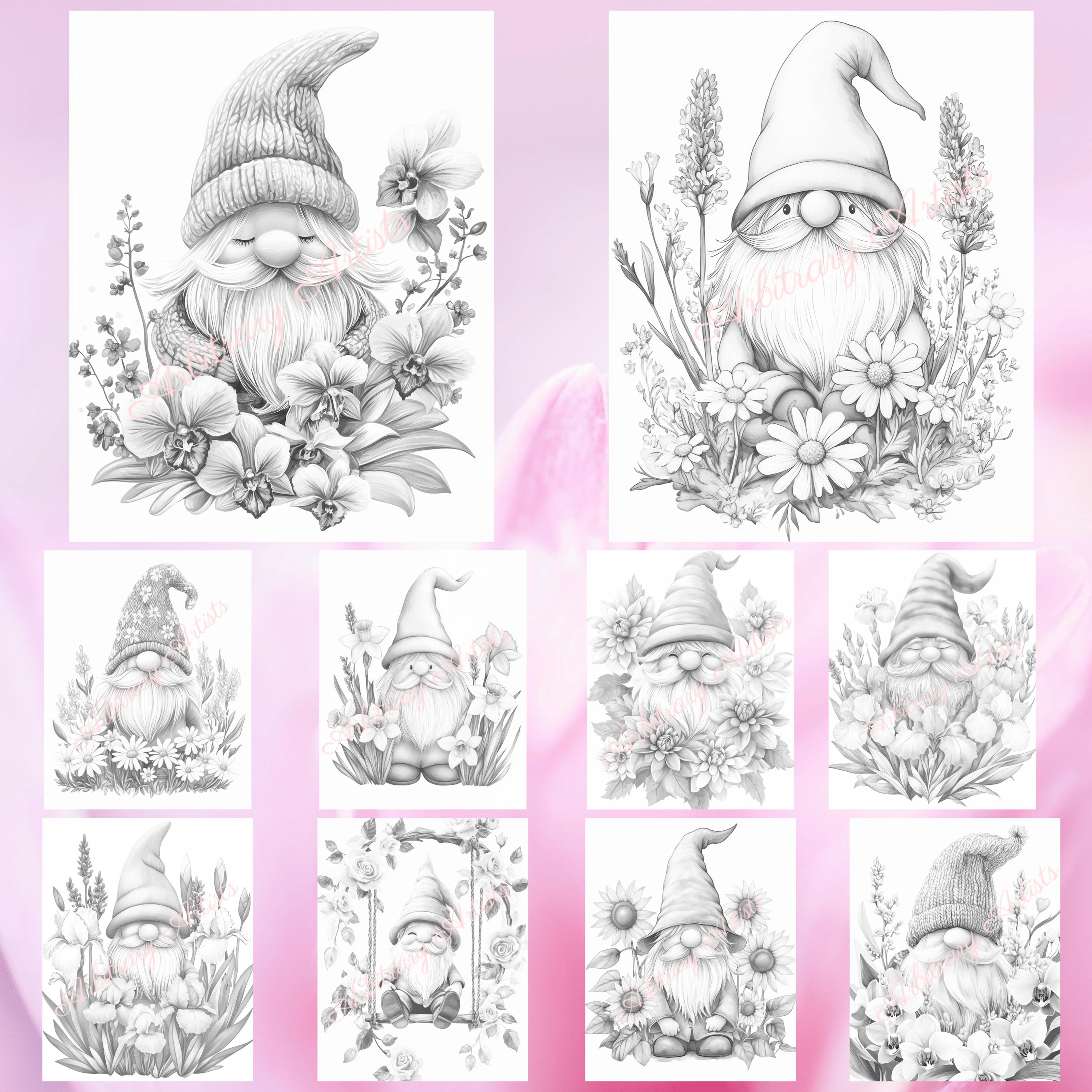 Secret Garden of Gnomes 32 Colored & Grayscale Pages, Spring, Floral ...