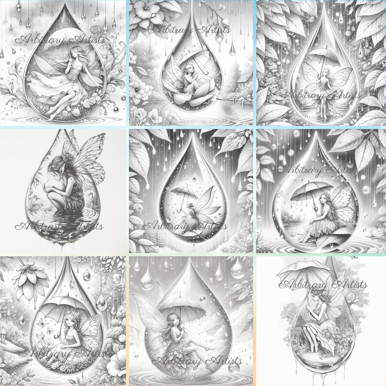 Fairy Drops 36 Grayscale Coloring Pages, Fantasy, Adult Coloring, Light ...