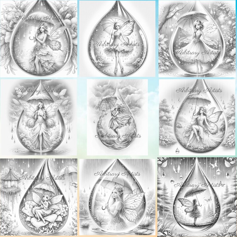 Fairy Drops 36 Grayscale Coloring Pages, Fantasy, Adult Coloring, Light ...