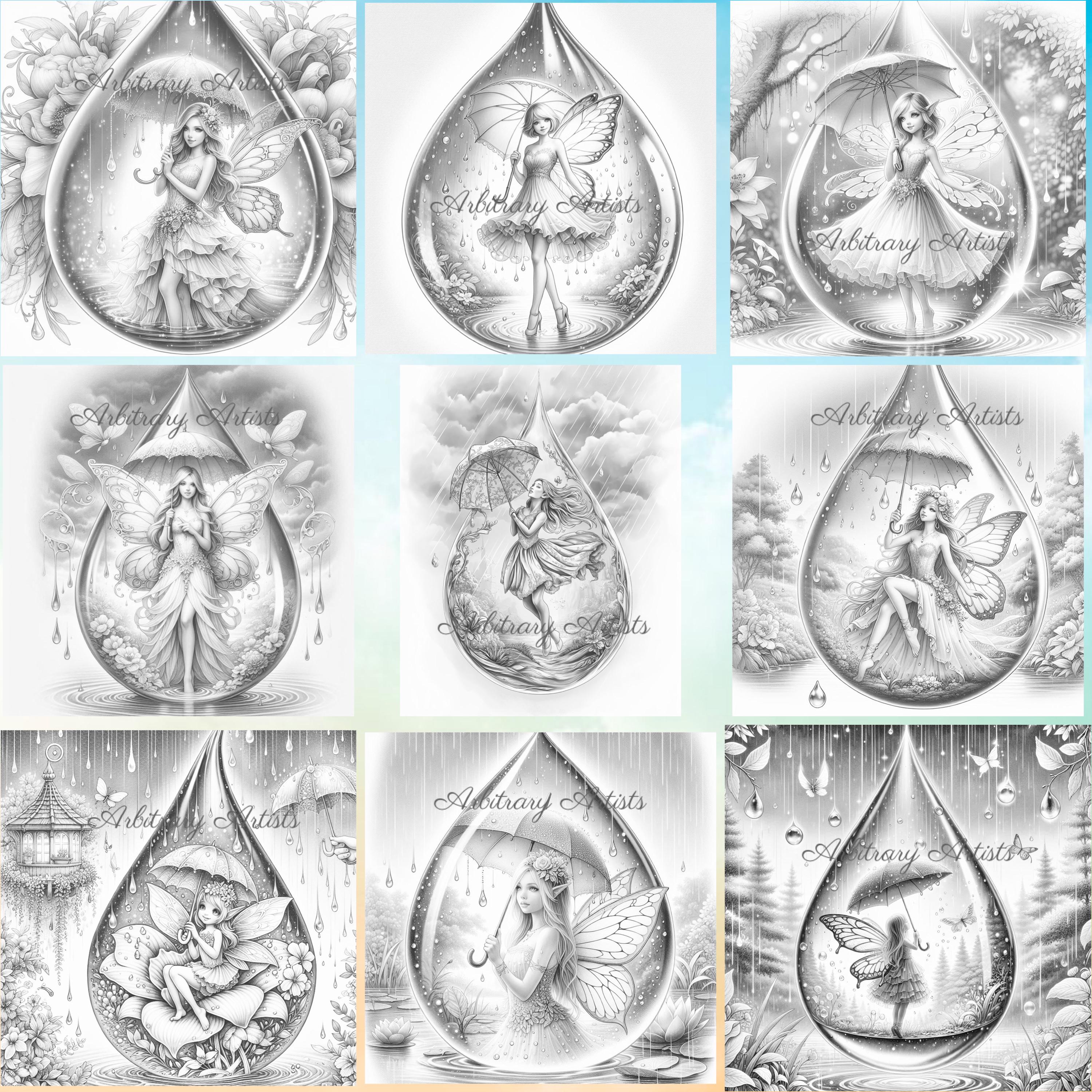 Fairy Drops 36 Grayscale Coloring Pages, Fantasy, Adult Coloring, Light ...