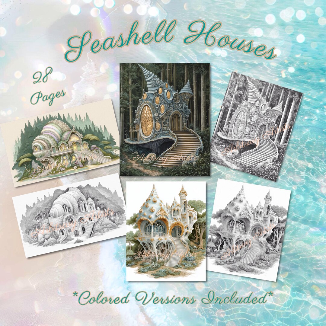 Seashell Houses 28 Colored & Grayscale, Nautical Coloring Pages - Etsy