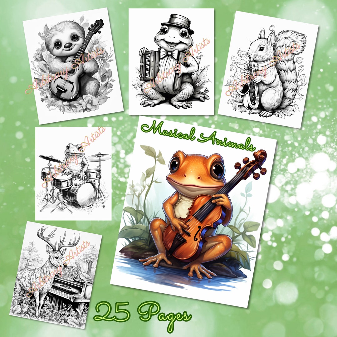 Musical Animals 25 Grayscale Coloring Pages - Etsy