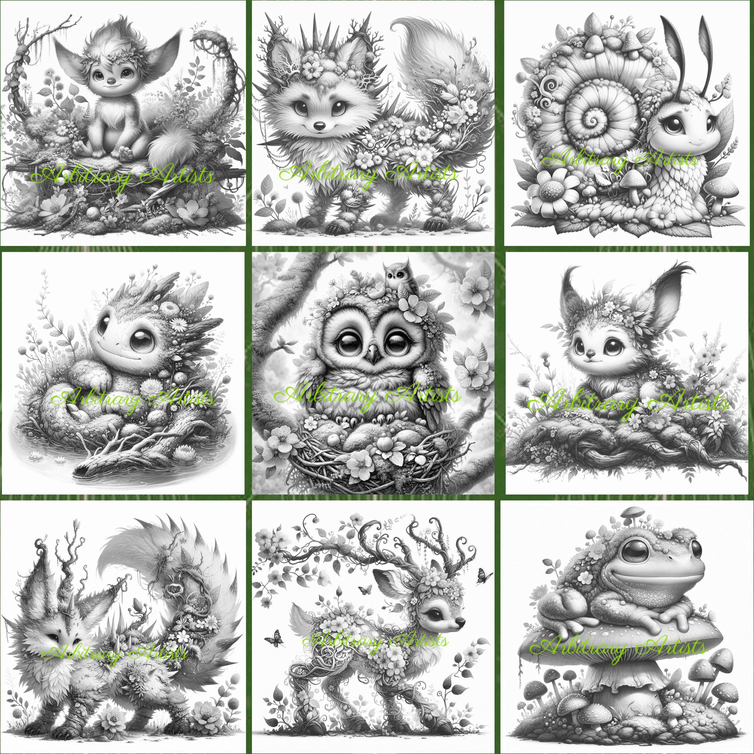 Velvet Moss Creatures - 34 Grayscale Coloring Page, Dark, Light and ...