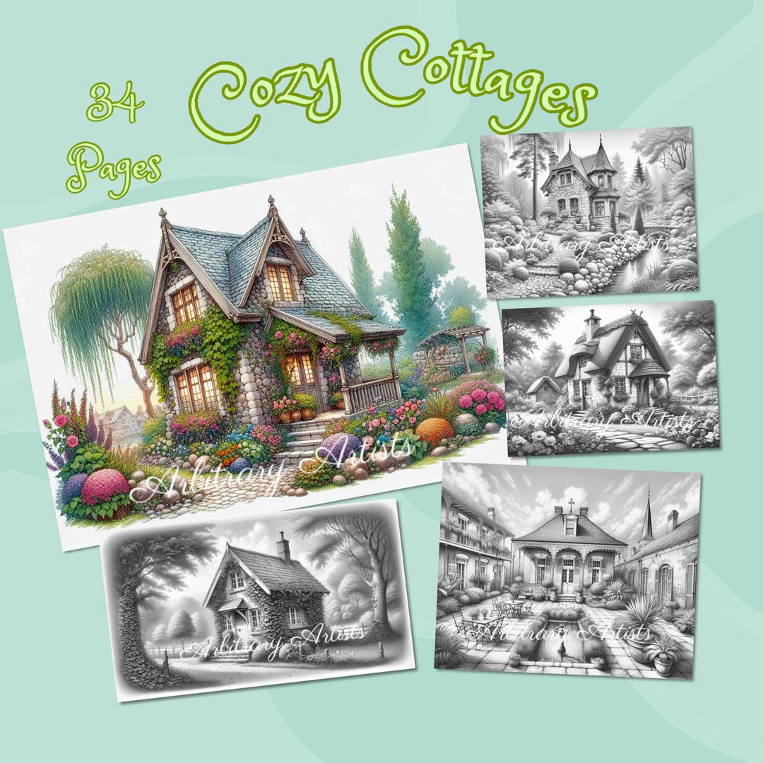 Cozy Cottages 34 Grayscale Coloring Pages, Digital Download, Landscape ...