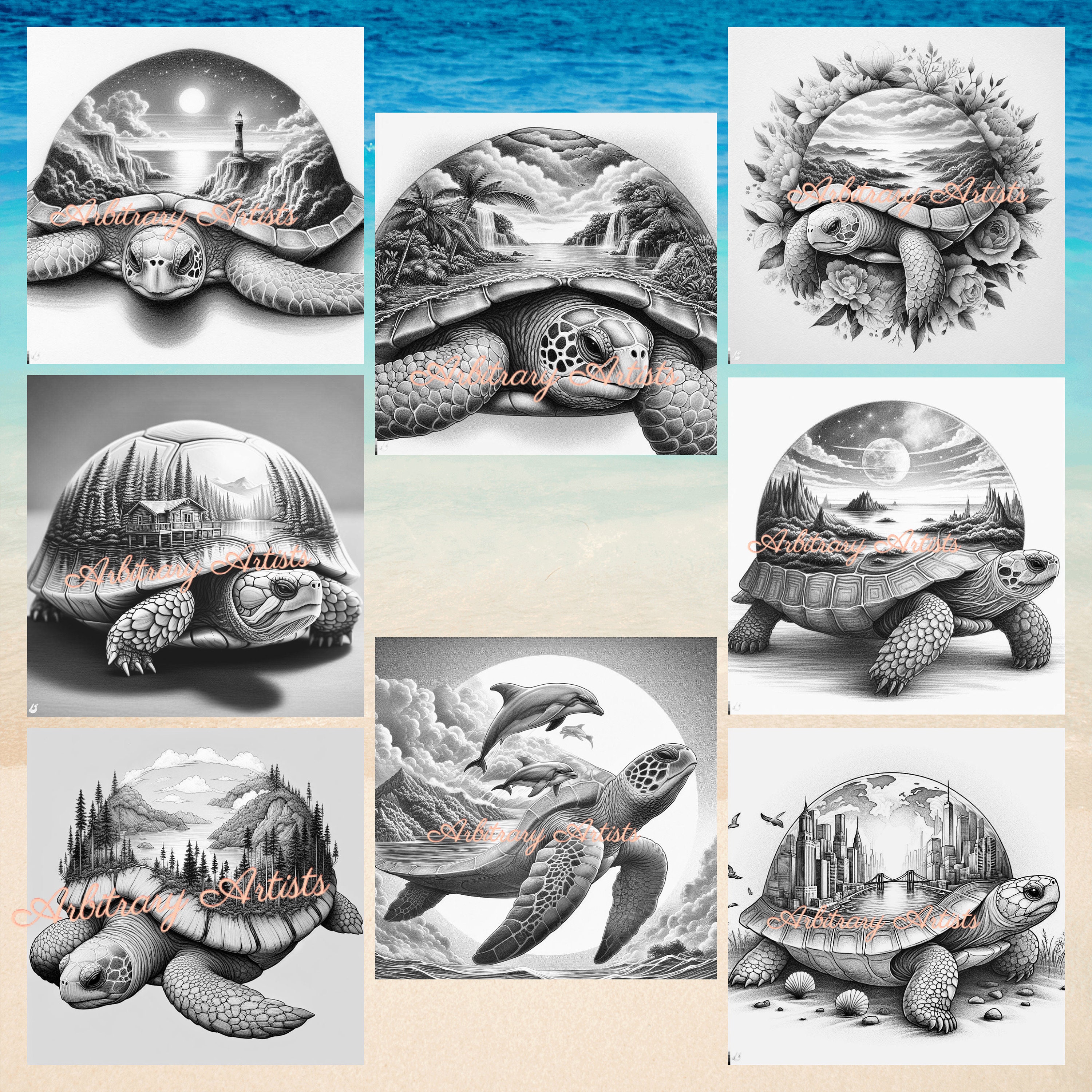 Turtle Worlds 35 Grayscale Coloring Pages - Etsy