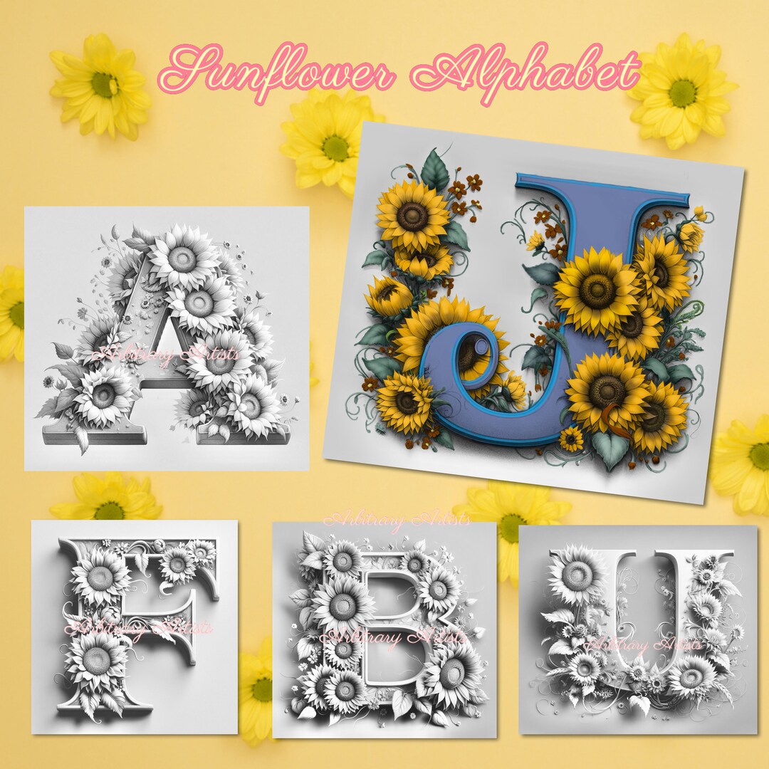 Sunflower Alphabet 26 Grayscale Coloring Pages - Etsy