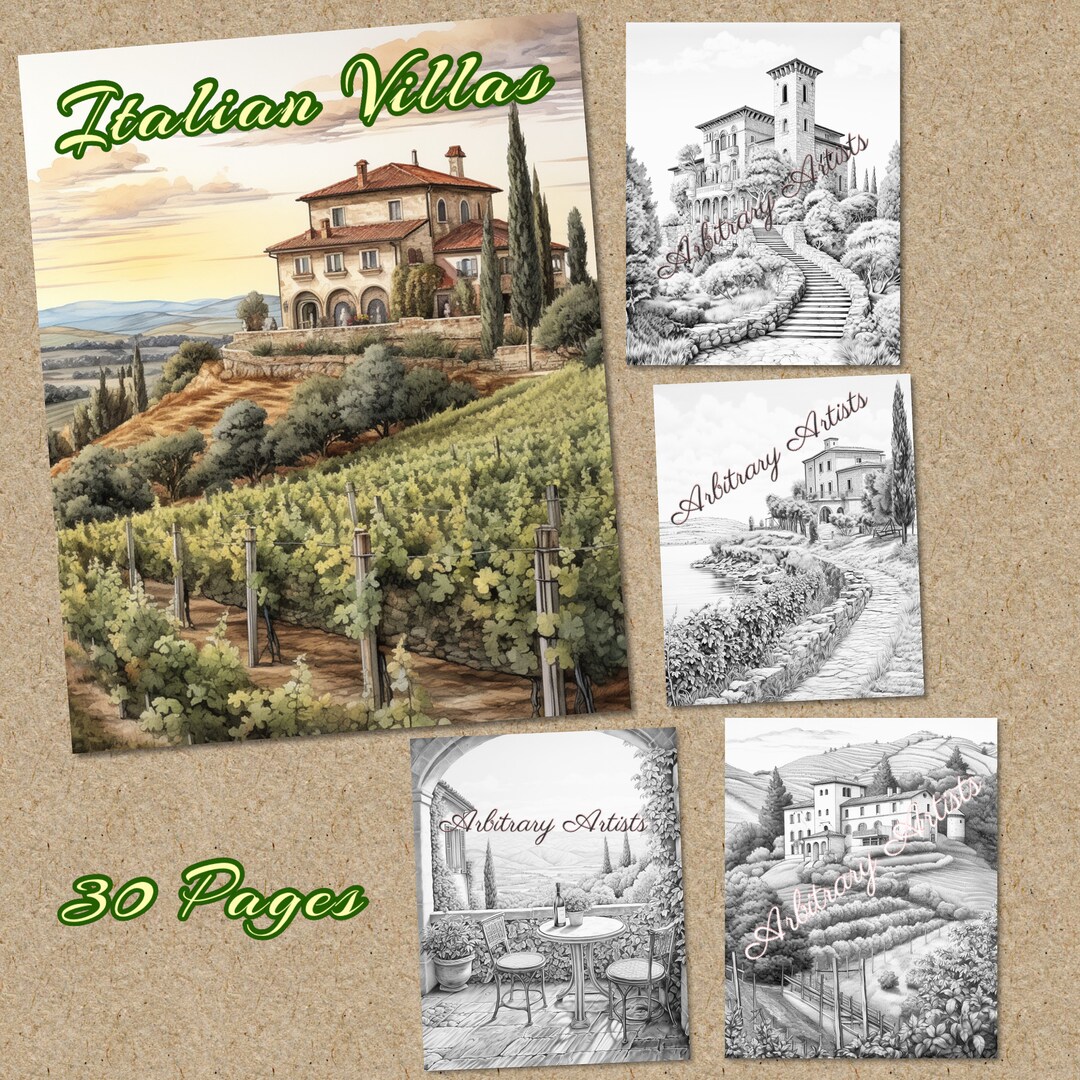 Italian Villas 30 Grayscale Coloring Pages - Etsy