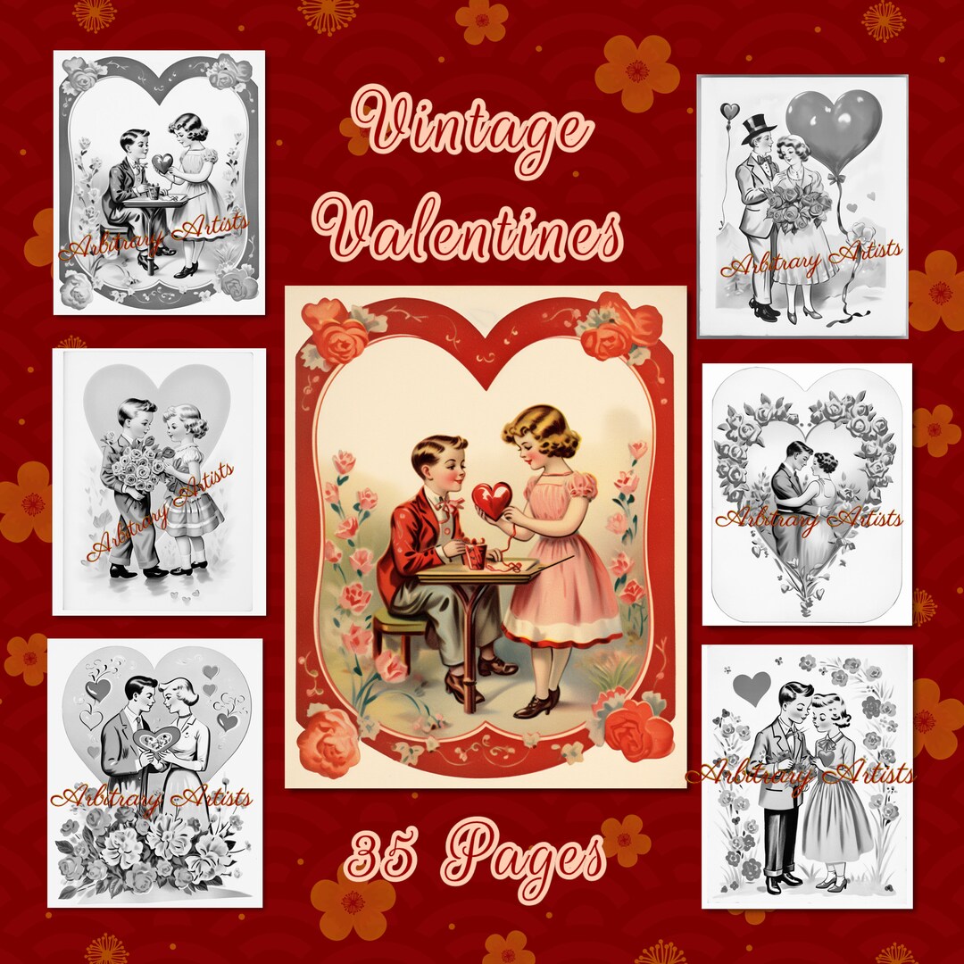 Vintage Valentines 30 Grayscale Coloring Pages - Etsy