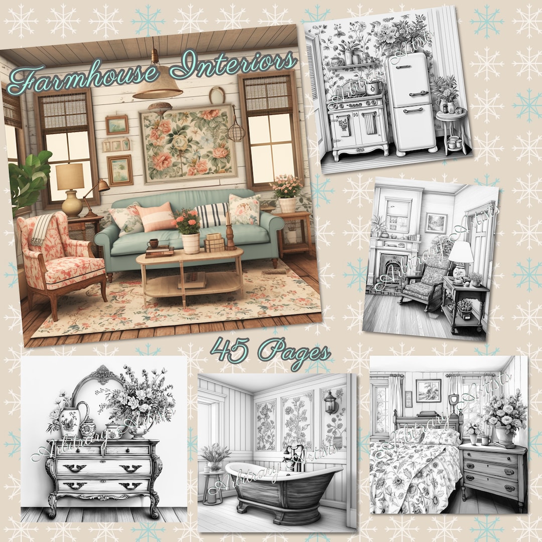 Farmhouse Interiors 45 Grayscale Coloring Pages - Etsy