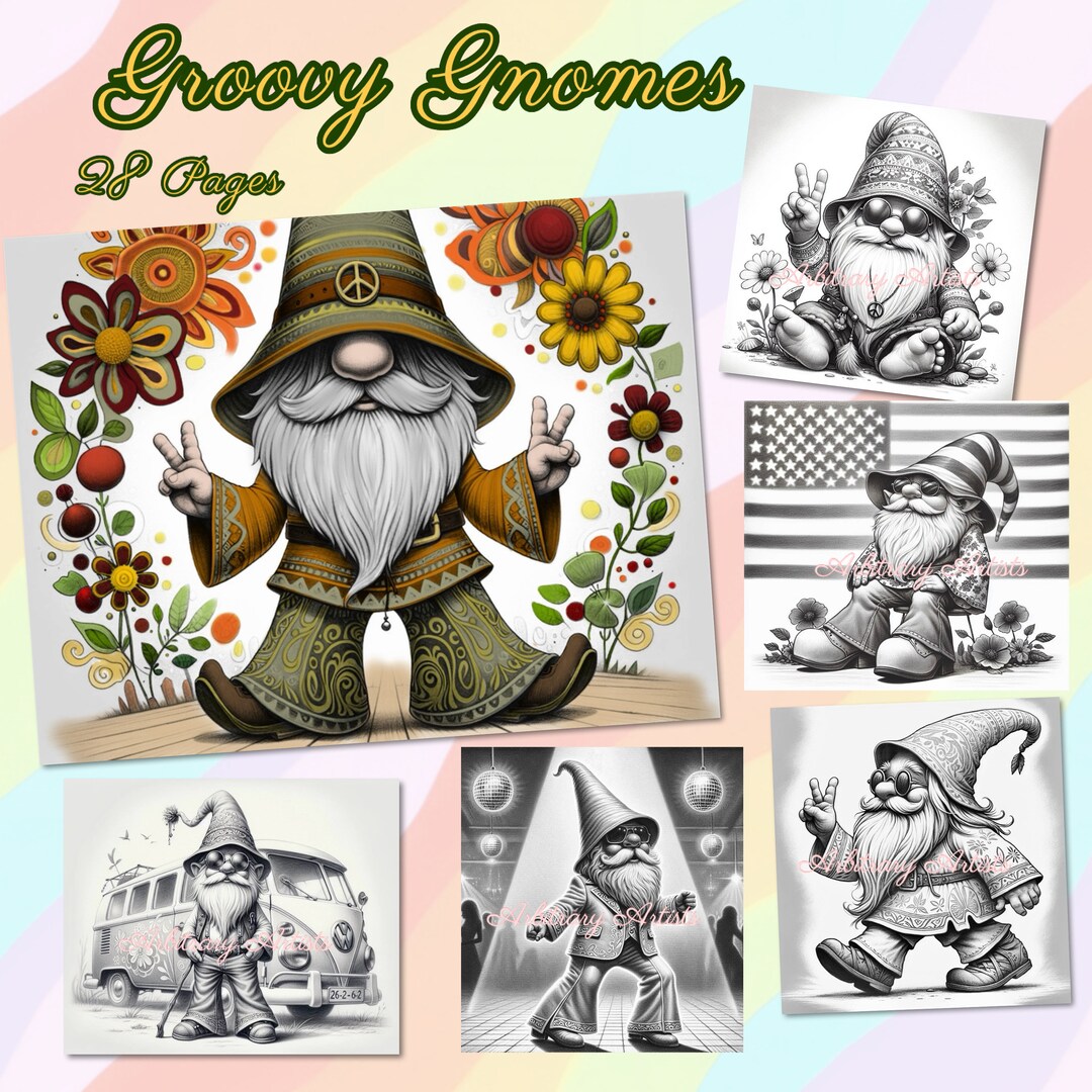 Groovy Gnomes 28 Grayscale Coloring Pages - Etsy
