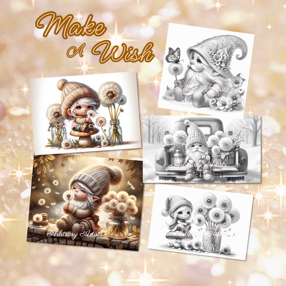 Make A Wish 36 Grayscale Gnome Coloring Pages - Etsy