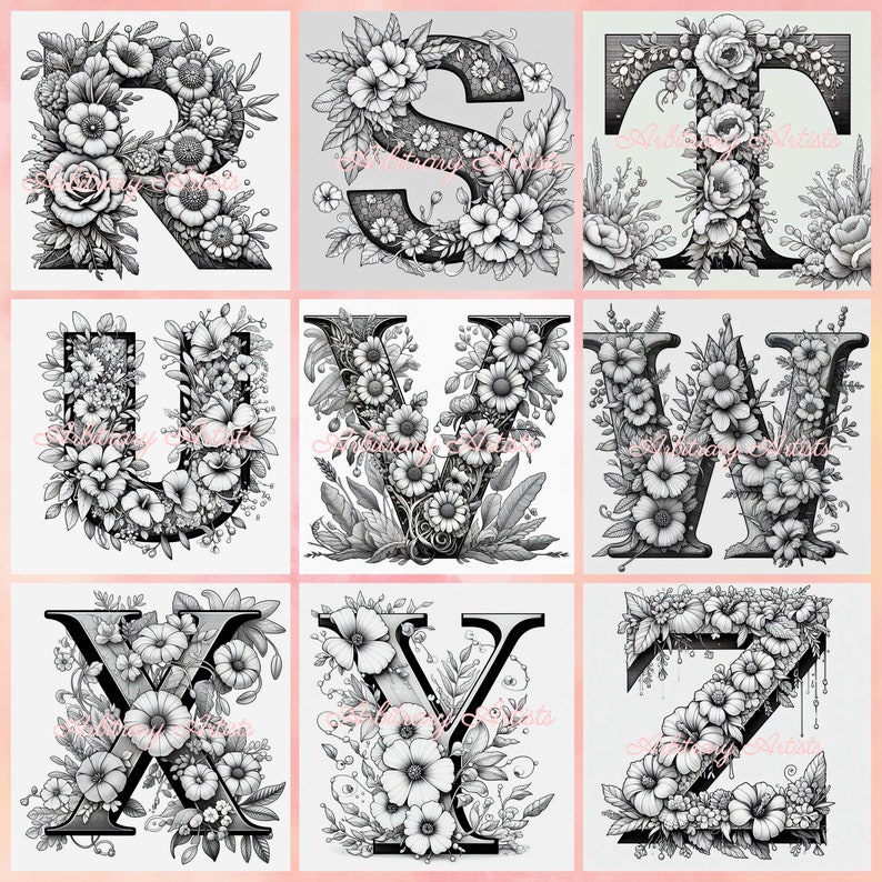 Floral Letters 26 Grayscale Coloring Pages - Etsy