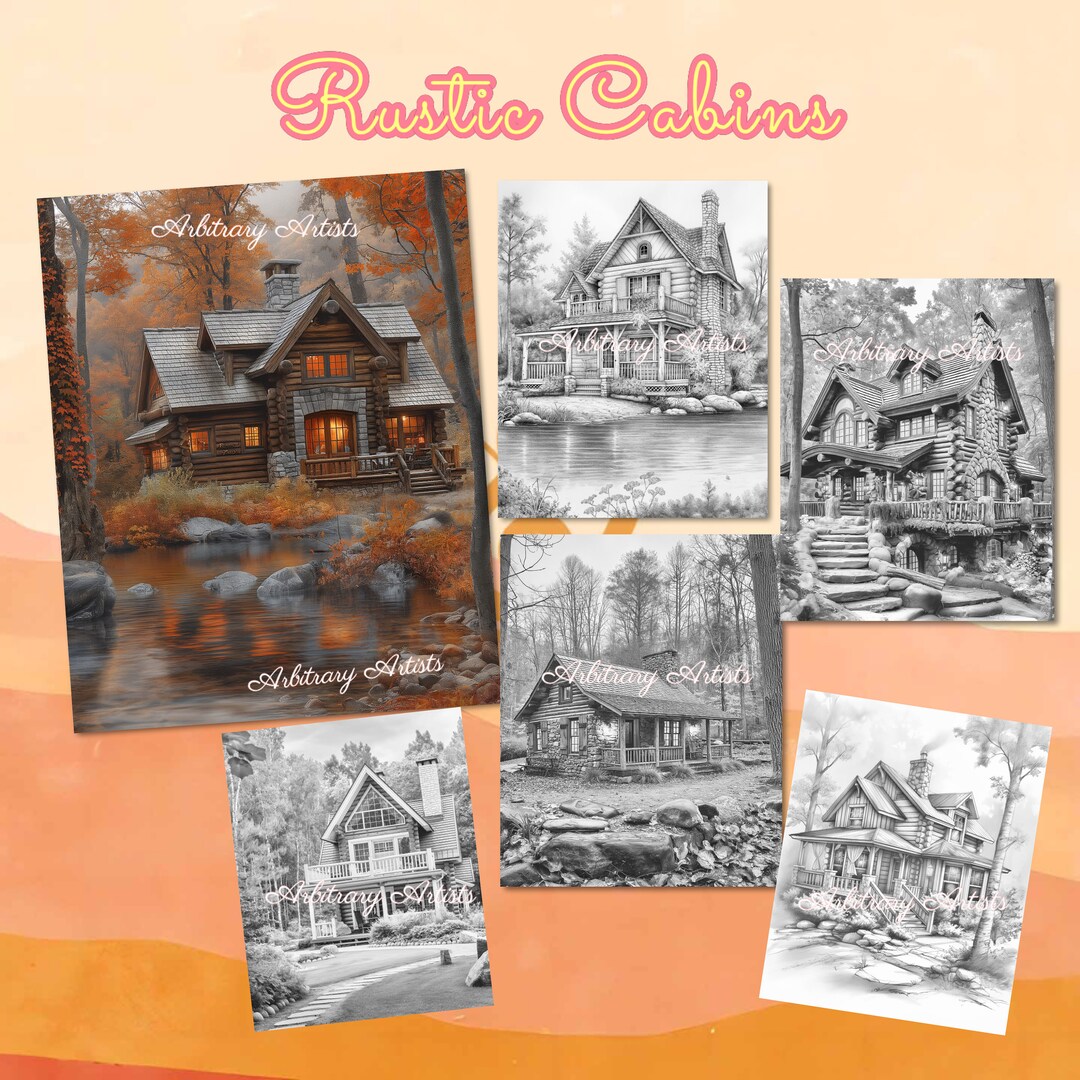 Rustic Cabins 40 Grayscale Coloring Pages - Etsy