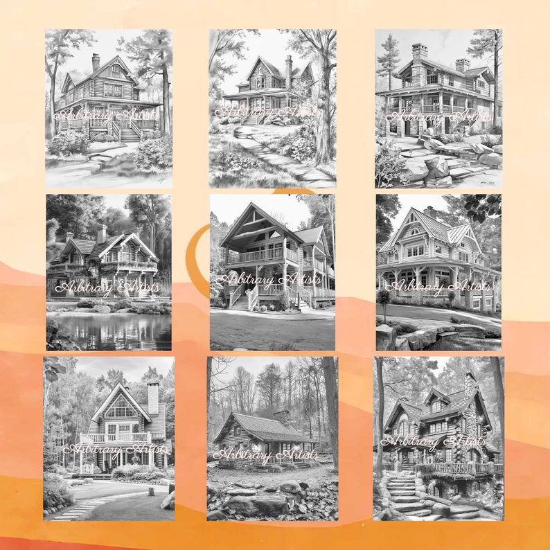 Rustic Cabins 40 Grayscale Coloring Pages - Etsy