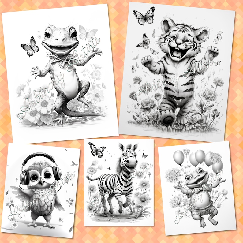 Party Animals 35 Fun Adorable Grayscale Coloring Pages - Etsy
