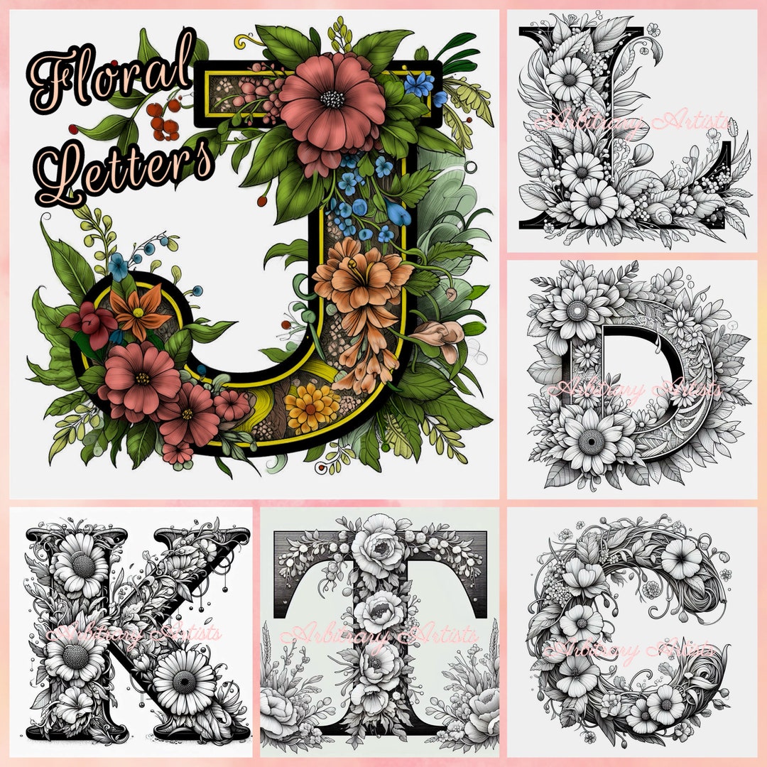 Floral Letters 26 Grayscale Coloring Pages - Etsy