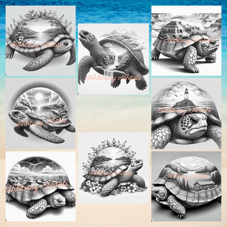 Turtle Worlds 35 Grayscale Coloring Pages - Etsy