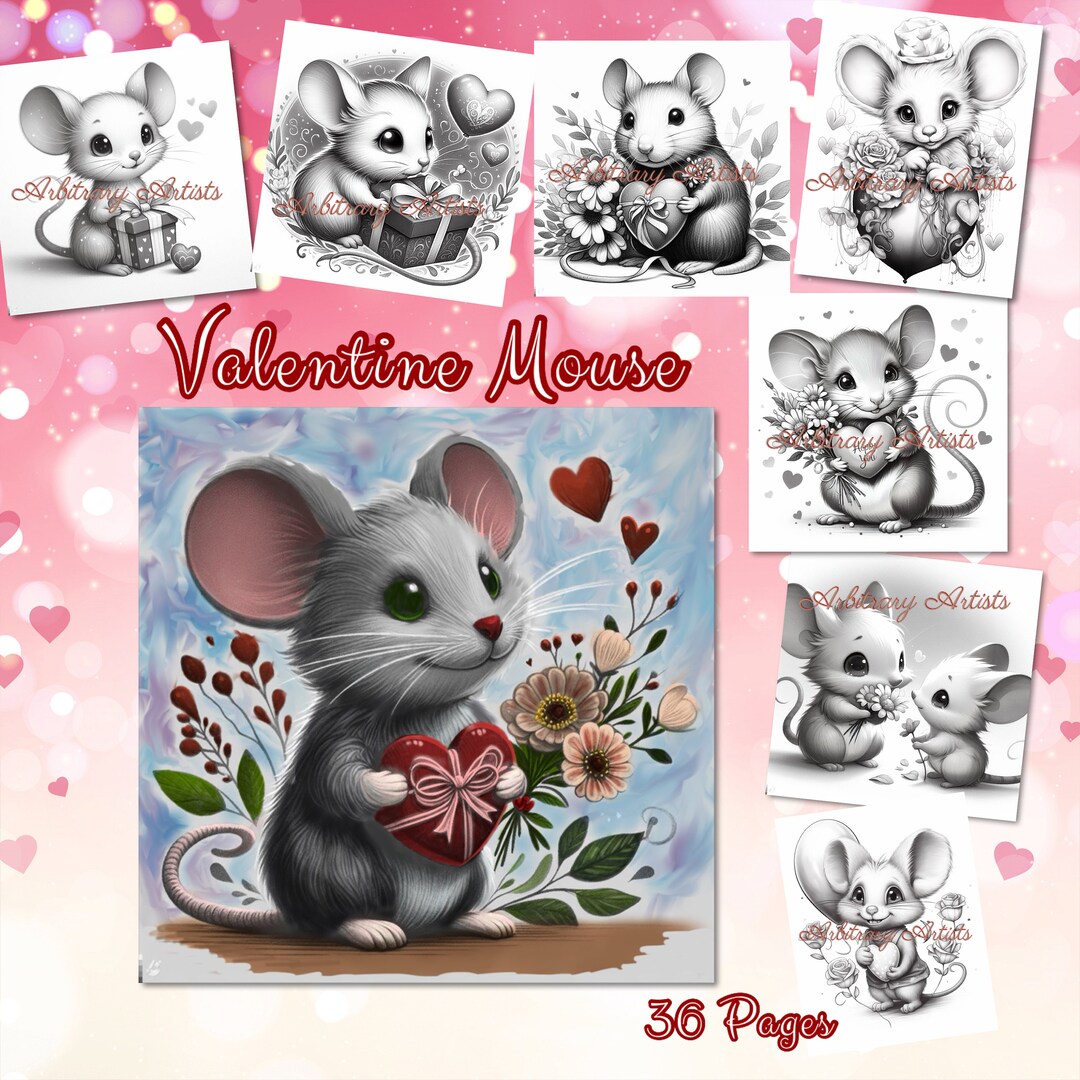 Valentine Mouse 36 Grayscale Coloring Pages - Etsy