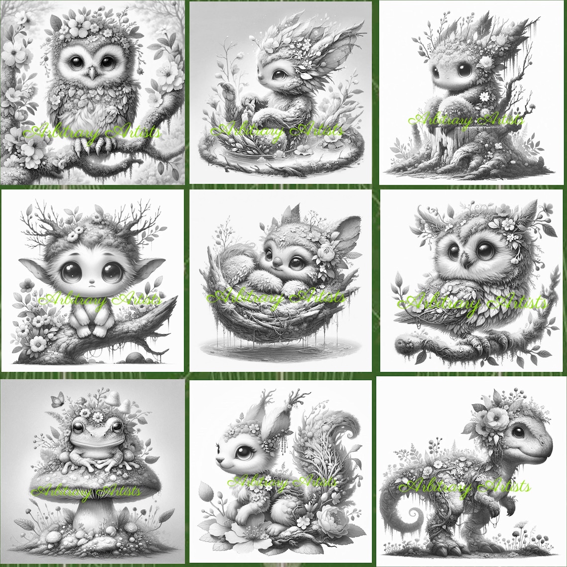 Velvet Moss Creatures - 34 Grayscale Coloring Page, Dark, Light and ...