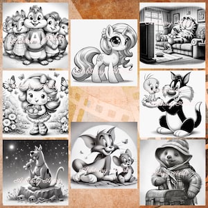 Vintage Cartoons 38 Grayscale Coloring Pages - Etsy