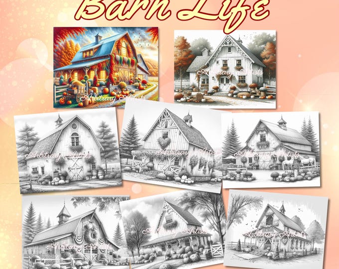 Grayscale Farm Barn Coloring Page for Adults, 8.5x11 in 300dpi, Stress ...