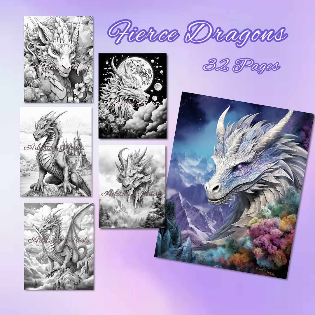 Fierce Dragons 32 Grayscale Coloring Pages - Etsy