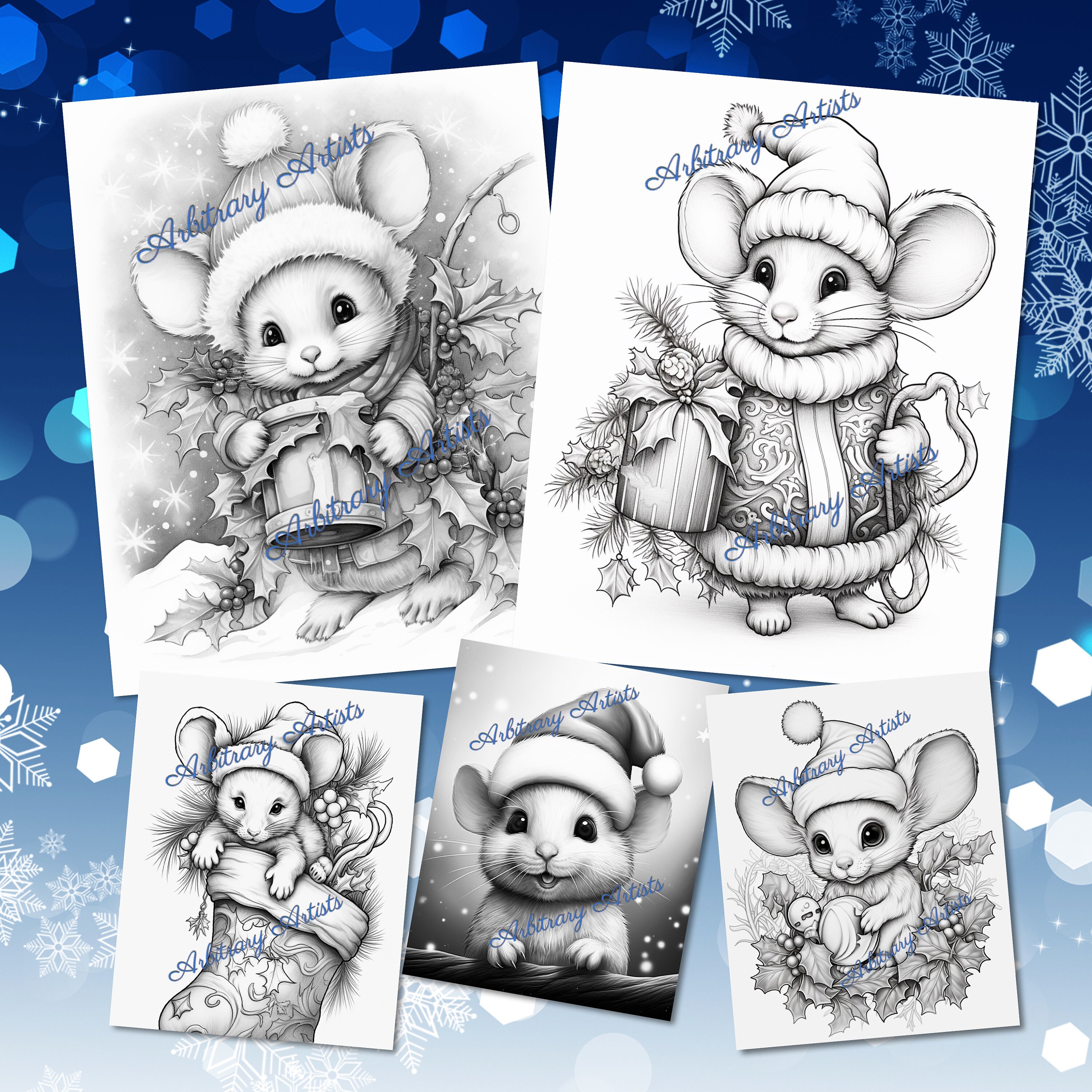 Christmas Mouse 25 Adult Grayscale Coloring Pages - Etsy