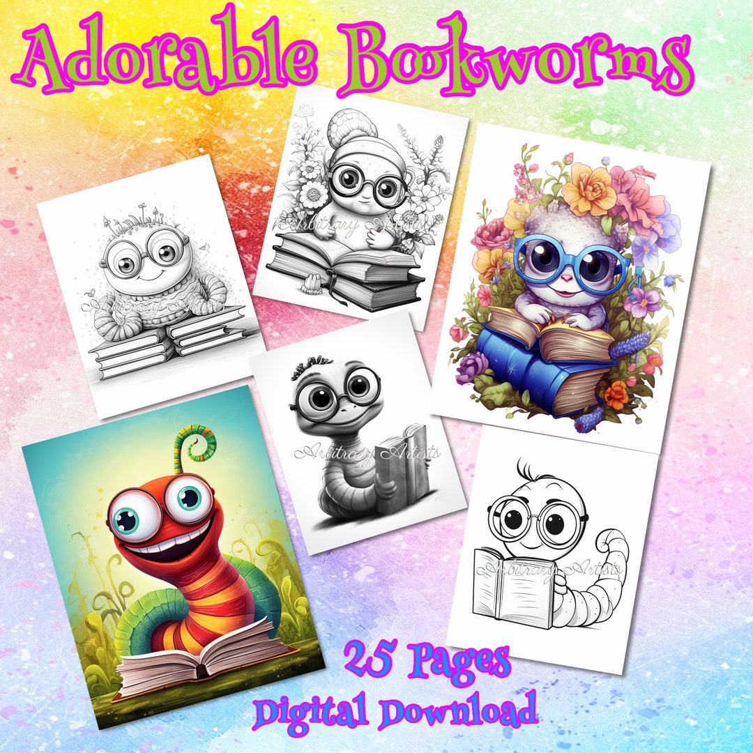 Adorable Bookworms 25 Coloring Pages - Etsy