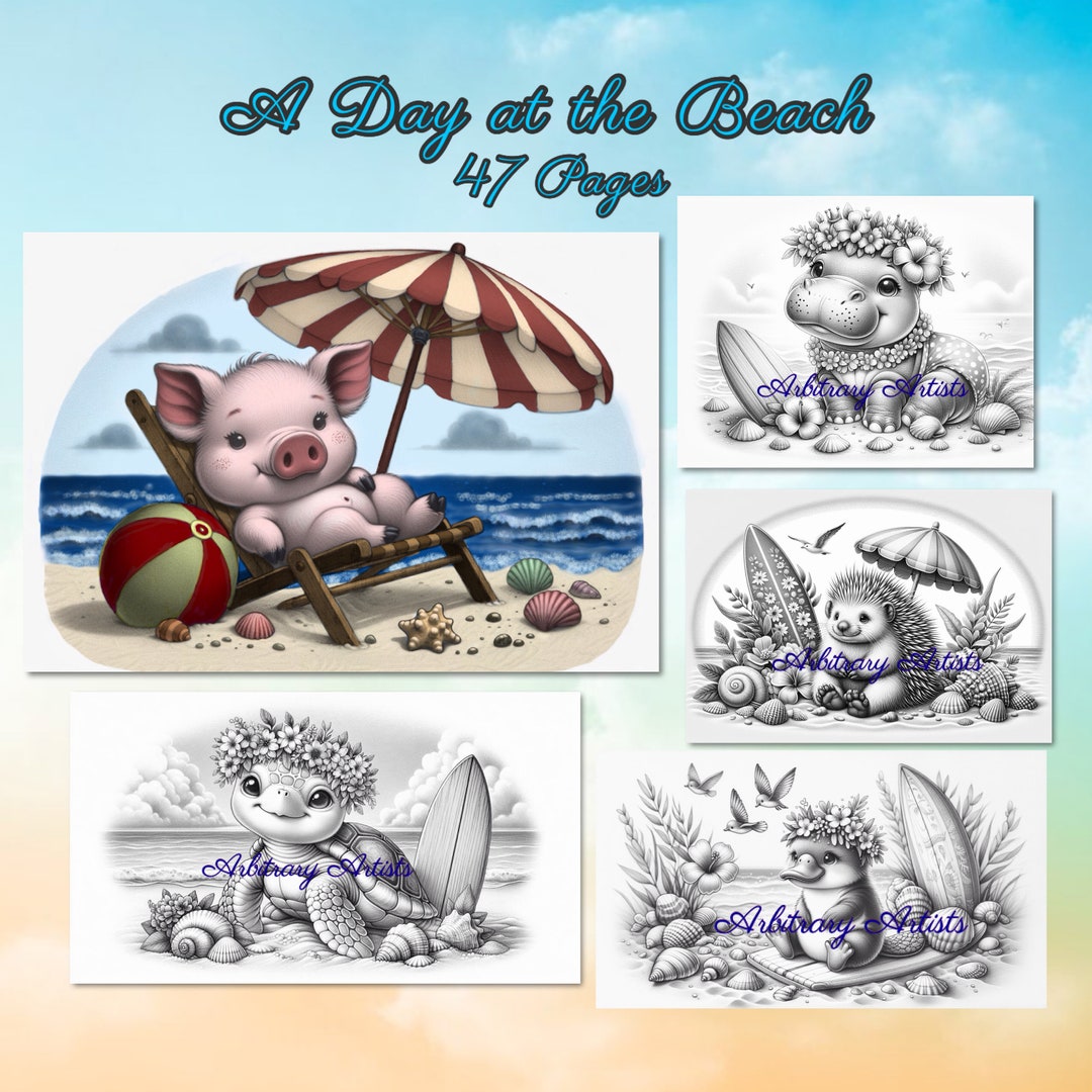 A Day at the Beach 47 Grayscale Coloring Pages - Etsy