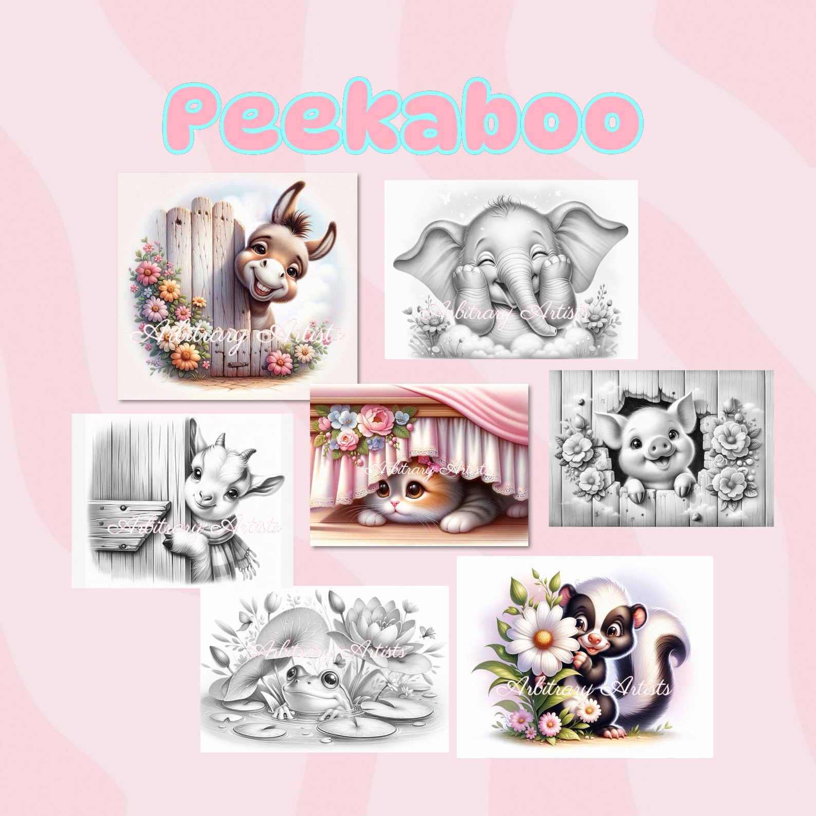 Peekaboo 34 Grayscale Coloring Pages Digital Download - Etsy