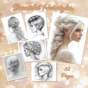 Beautiful Hairstyles 32 Grayscale Coloring Pages, Fun, Relaxing, Adult ...