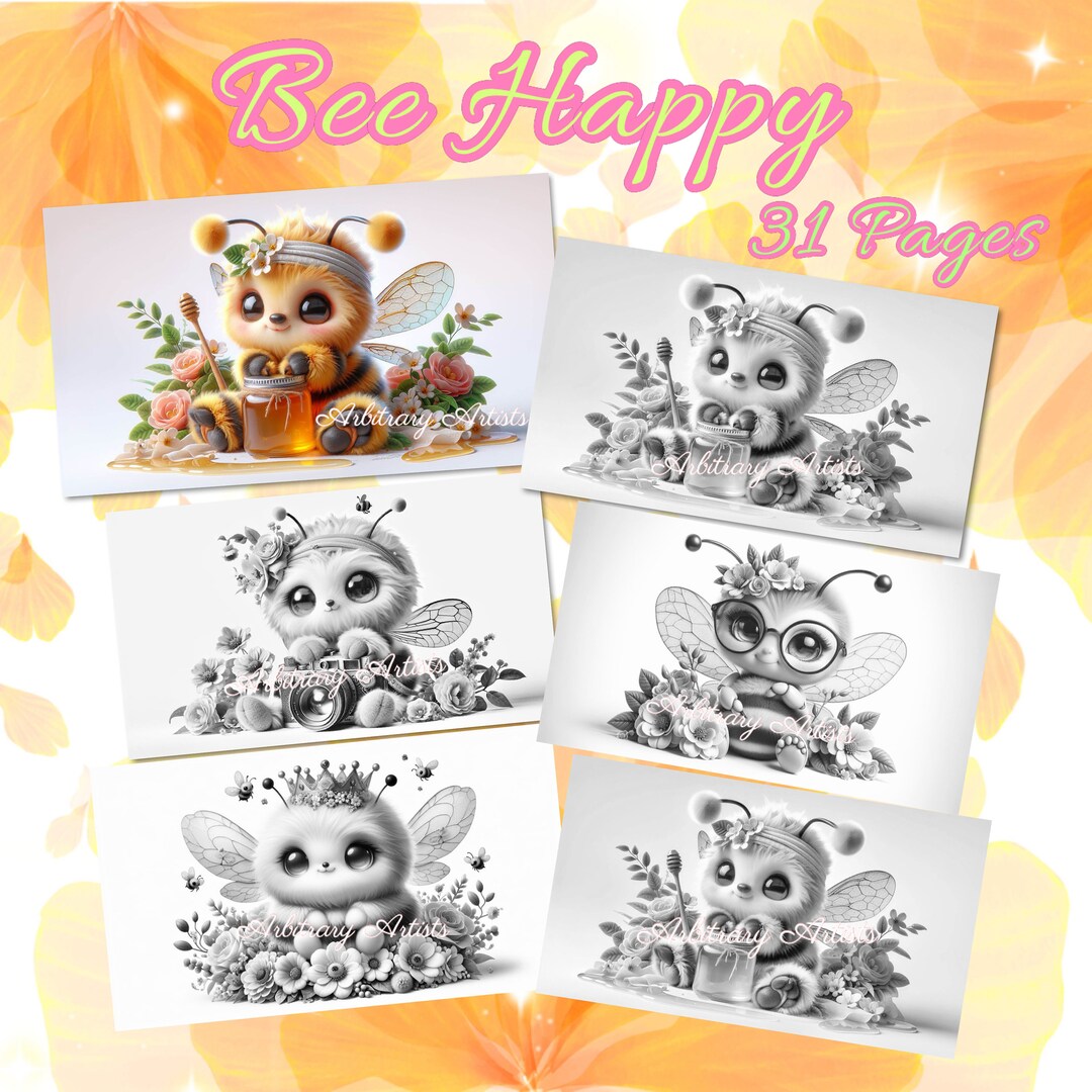 Bee Happy 31 Adorable Grayscale Coloring Pages - Etsy
